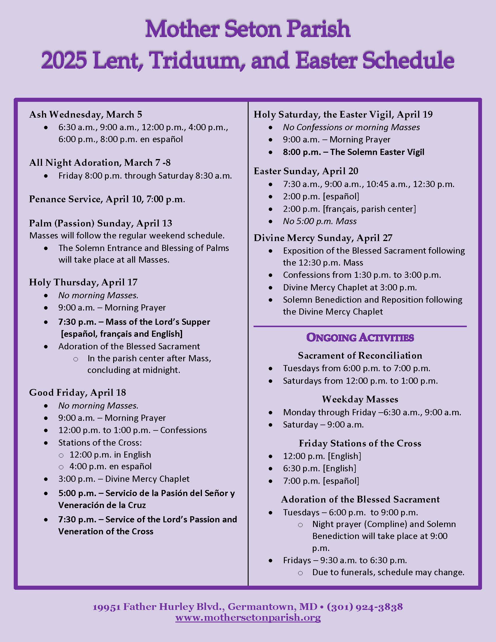 Lent, Triduum and Easter Schedule 2025 – Mother Seton Catholic Church