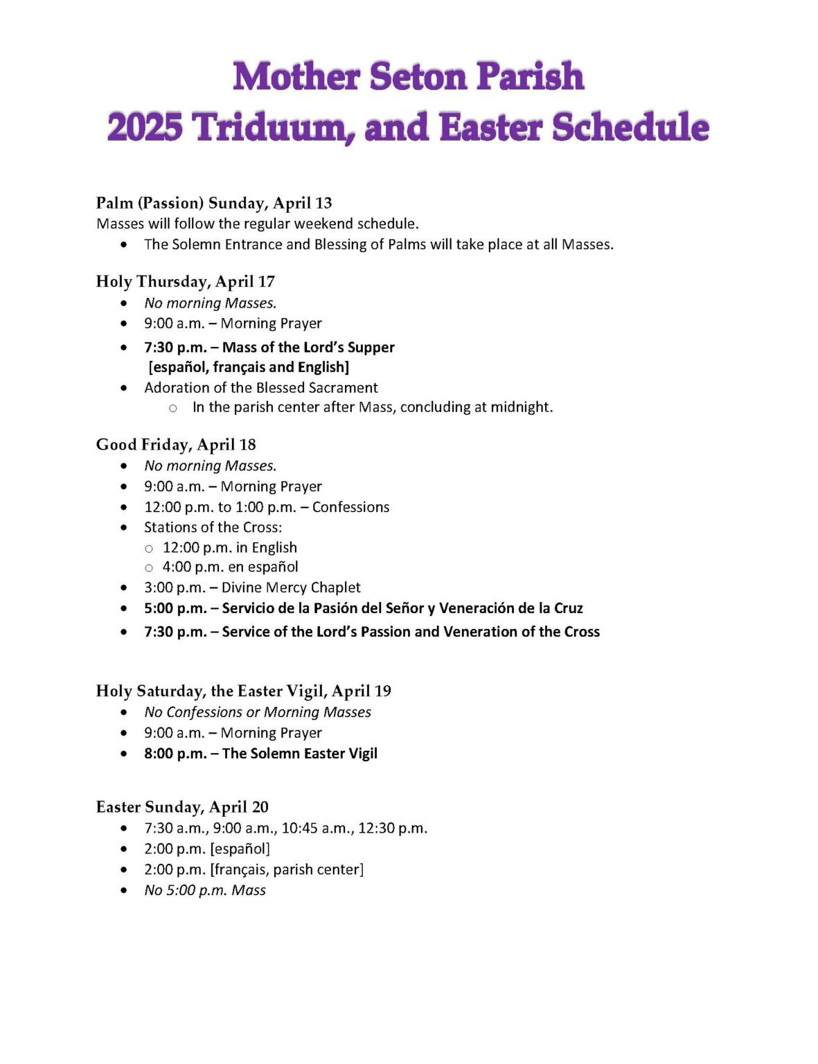 Lent, Triduum and Easter Schedule 2025 – Mother Seton Catholic Church